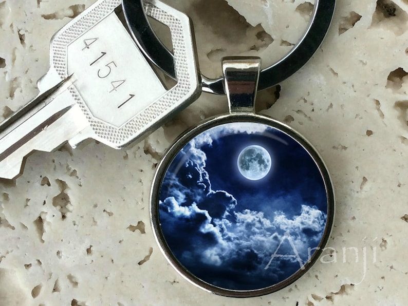 Moon and Clouds Keychain, Key Chain, Key Ring, Key Fob, Night Clouds ...