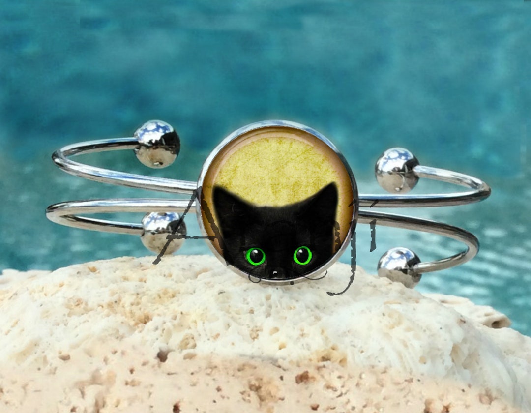 Black Kitten Art Bracelet, Black Cat Cuff, Black Cat Bracelet, Black ...