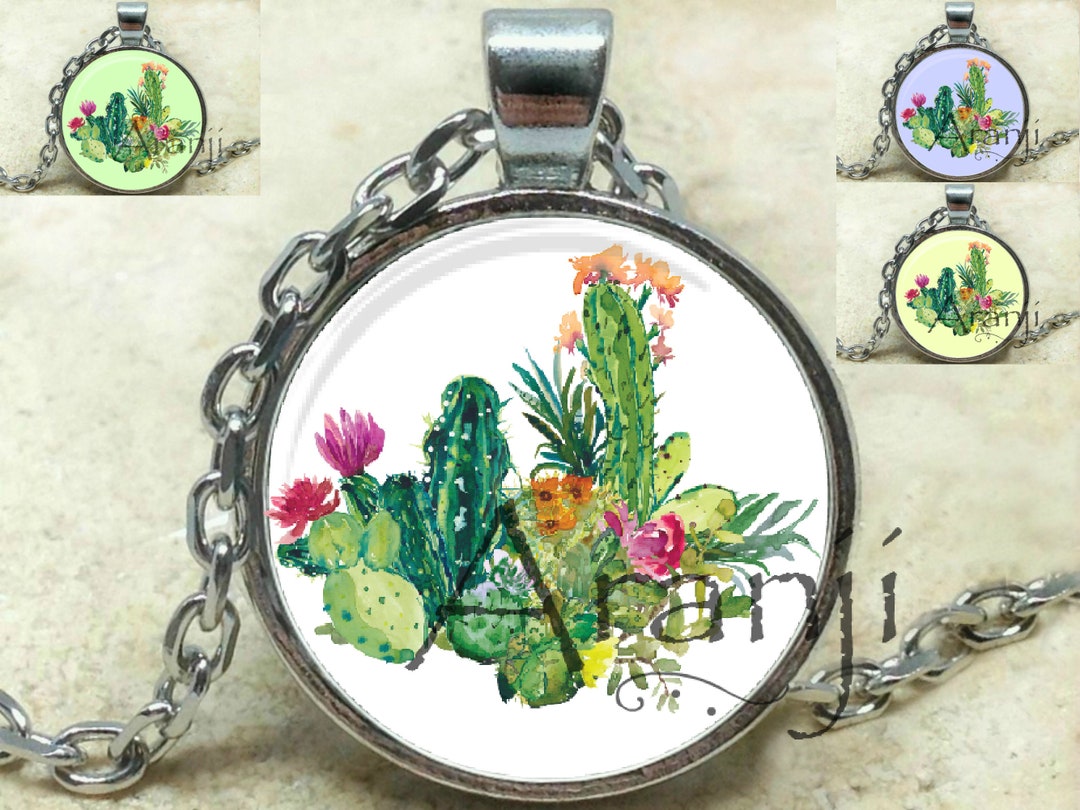 Cactus Watercolor Art Pendant, Succulent Watercolor Necklace, Succulent ...