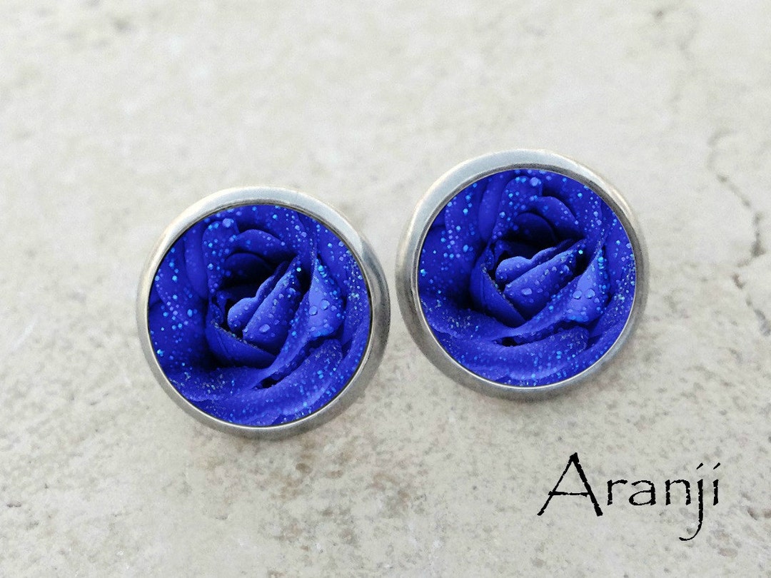 Blue Rose Earrings, Rose Earrings, Bright Blue Rose Earrings, Rose Stud ...