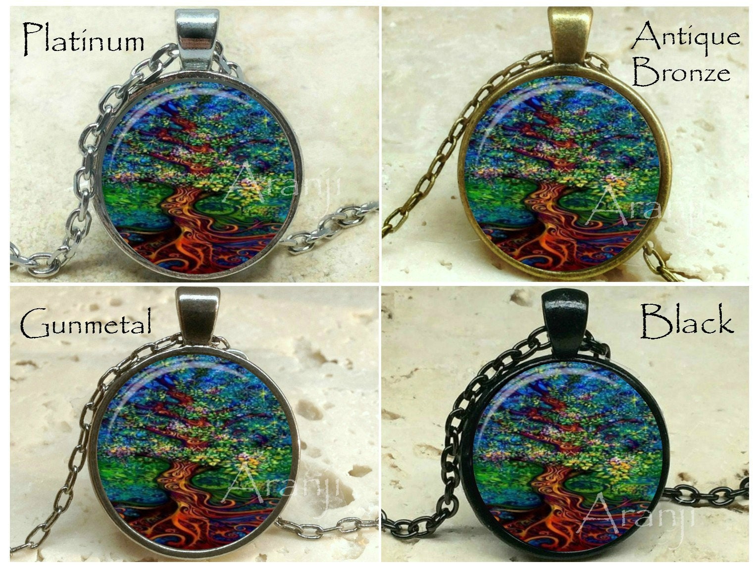 Ancient Tree Art Pendant, Tree Necklace, Colorful Tree Pendant, Rainbow ...