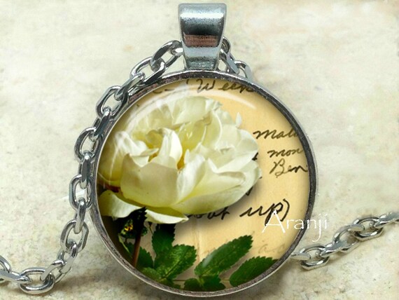 White rose art pendant white rose necklace white rose pendant rose necklace white flower necklace white rose pendant Pendant PL125P