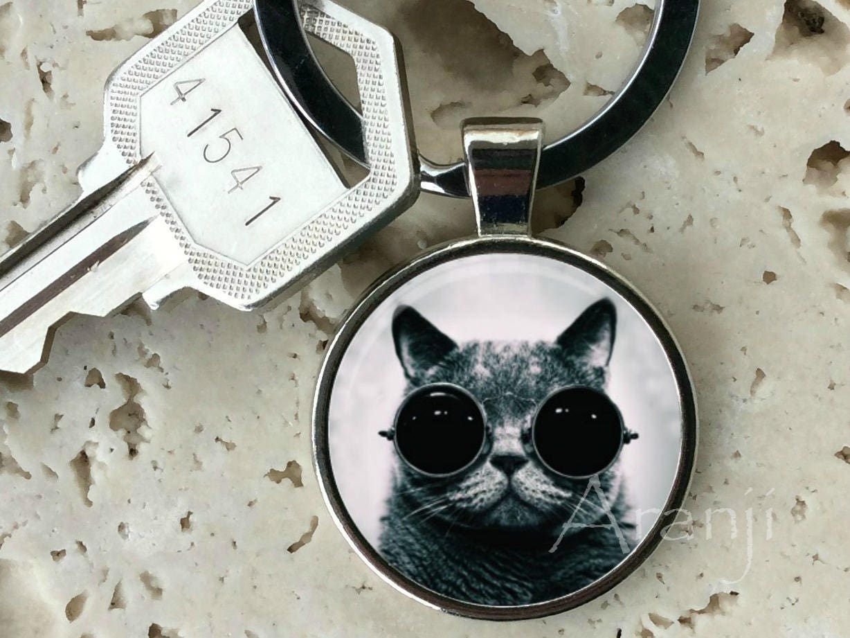 Cat in glasses keychain key chain key ring key fob cat | Etsy