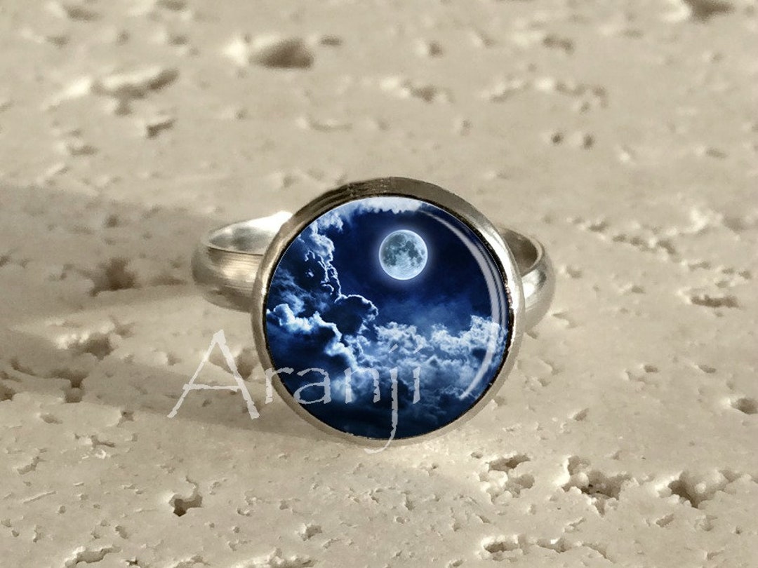 Moon and Clouds Ring, Night Clouds Adjustable Ring, Art Ring, Moon ...