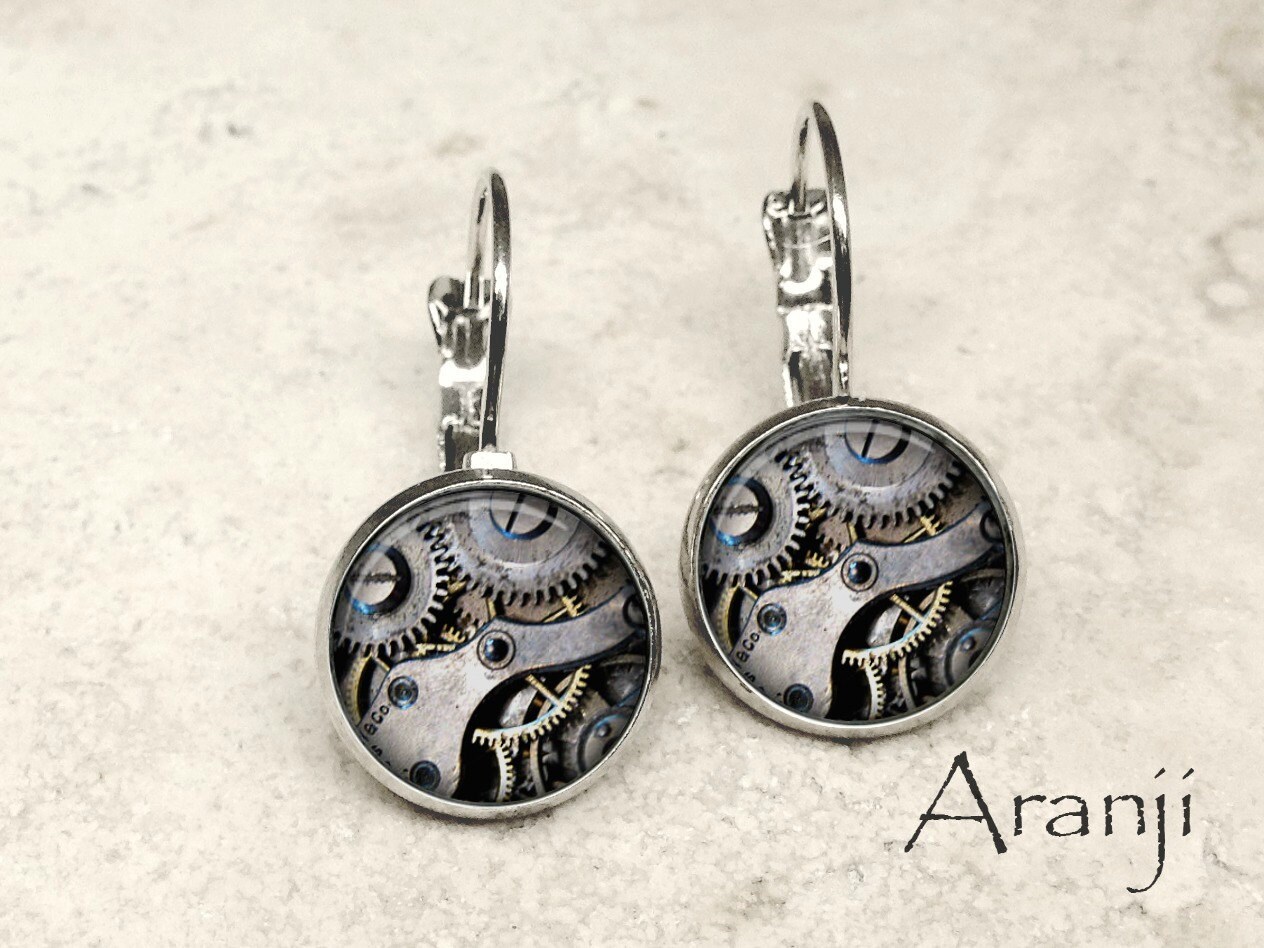Glass steampunk gear earrings gear earrings clockwork | Etsy