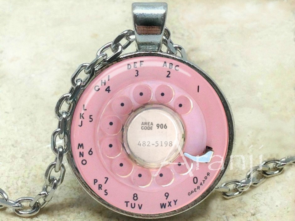 Pink rotary telephone art pendant telephone necklace | Etsy