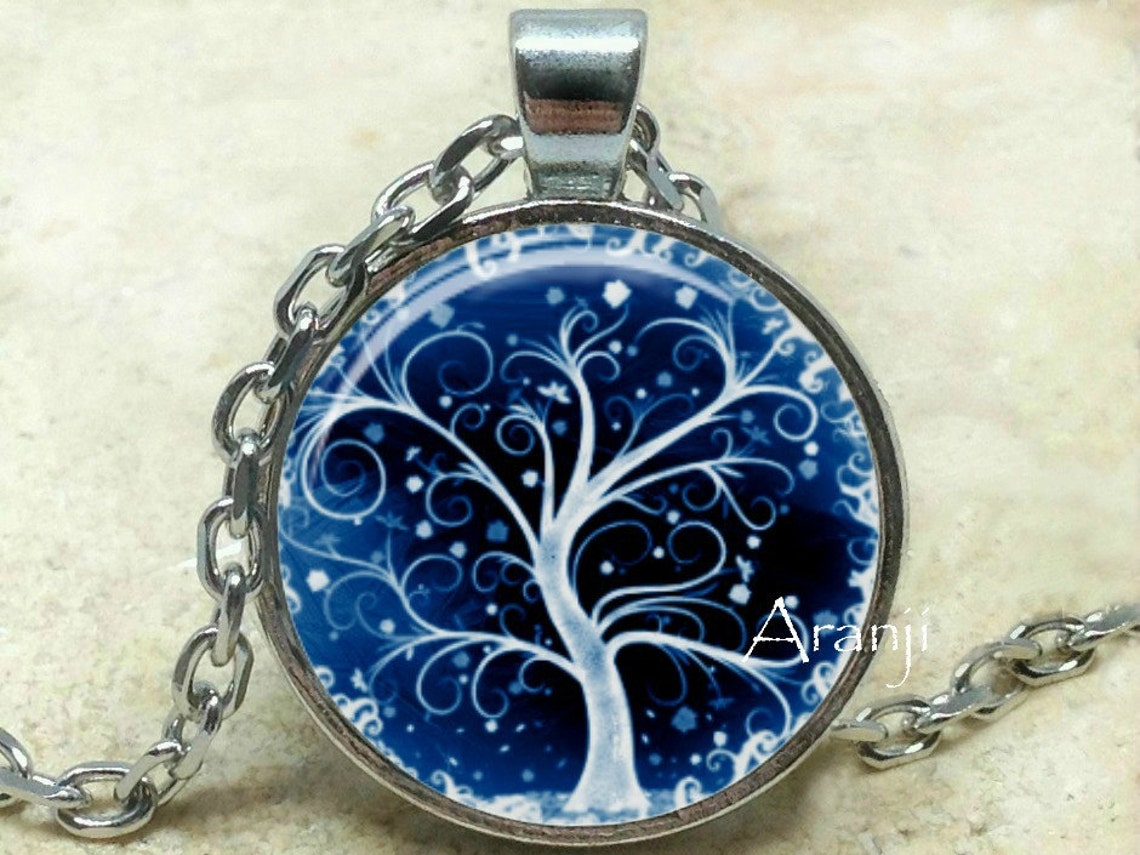 Blue Curly Tree Art Pendant, Winter Tree Necklace, Blue Curly Tree ...