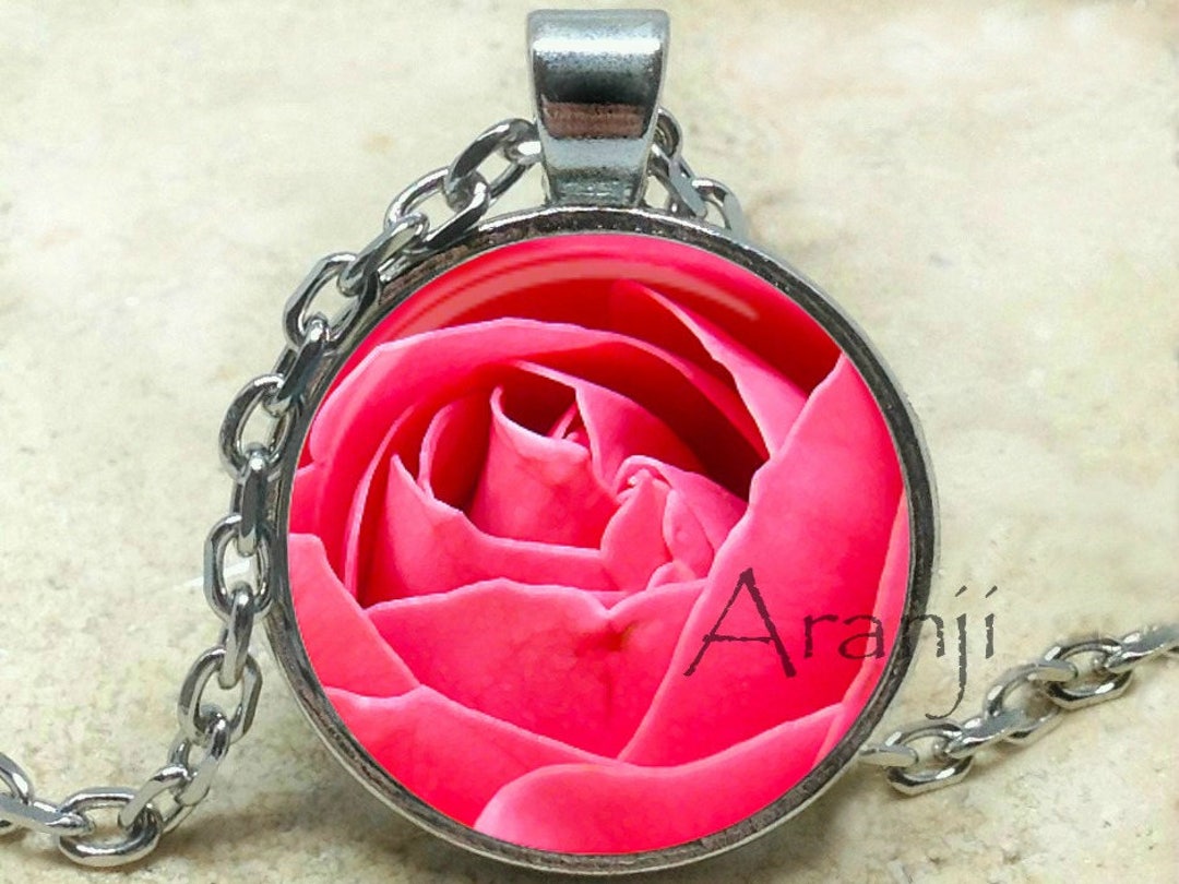 Pink Rose Necklace, Pink Rose Pendant, Rose Necklace Bright Pink Rose ...