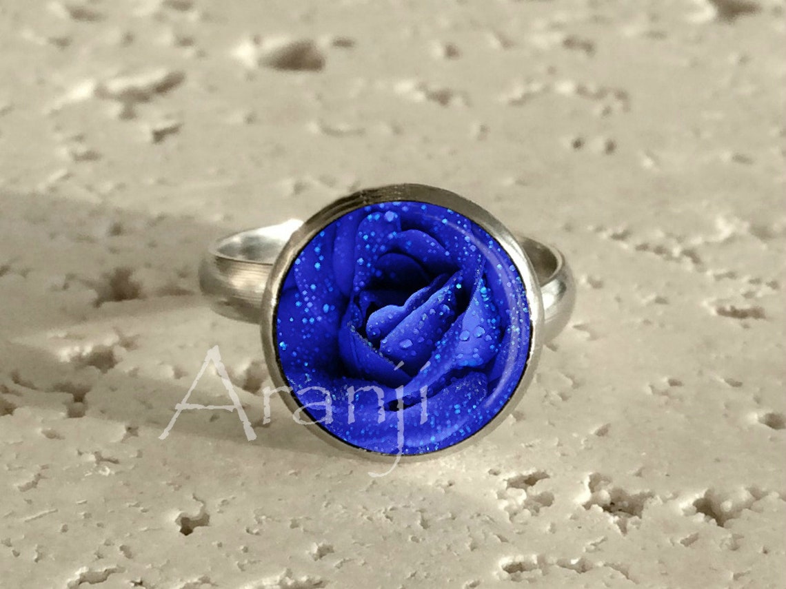 Blue Rose Ring, Bright Blue Rose Adjustable Ring, Blue Flower Jewelry ...