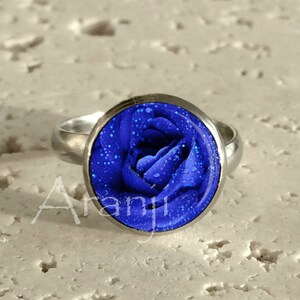 Blue Rose Ring, Bright Blue Rose Adjustable Ring, Blue Flower Jewelry ...