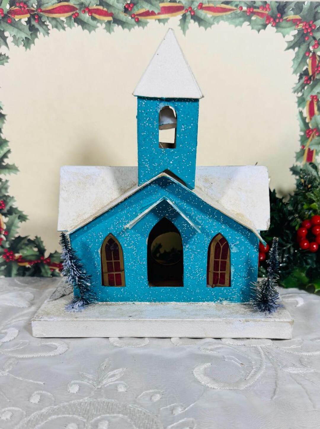 Large Vintage Putz Church – Blue Glitter Christmas Village – Japan ...