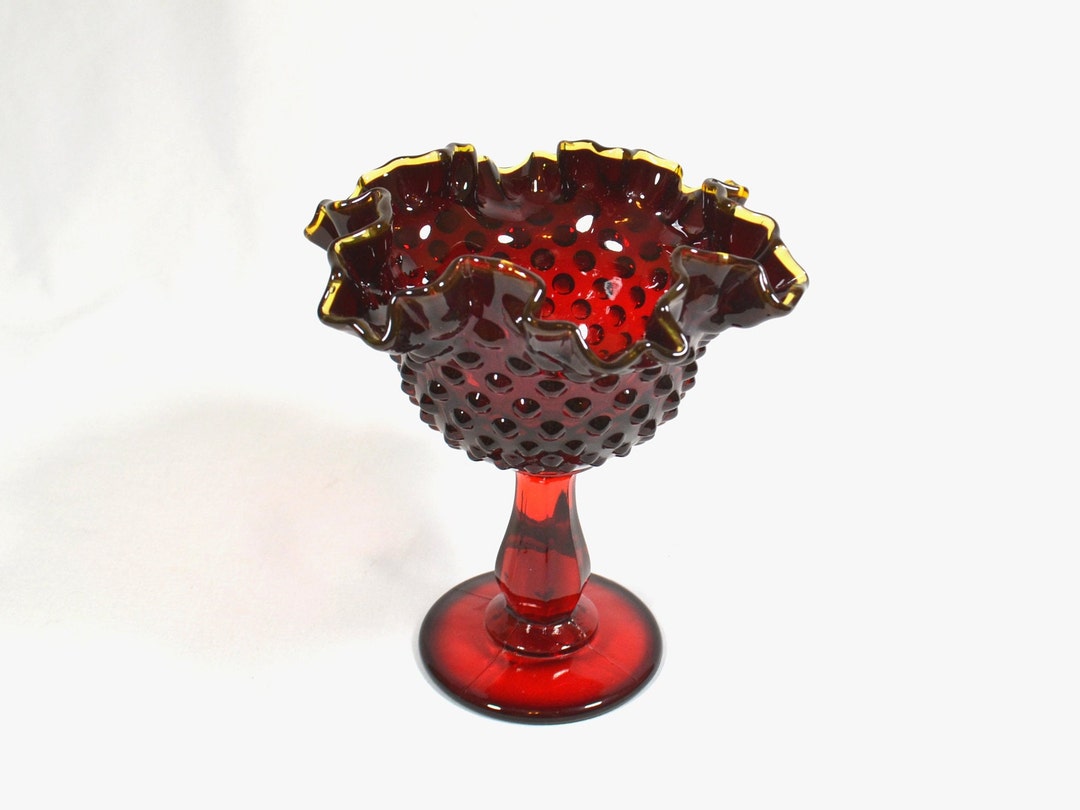 Fenton Ruby Red Double Crimped Amber Crest Hobnail Pedestal Candy Dish ...
