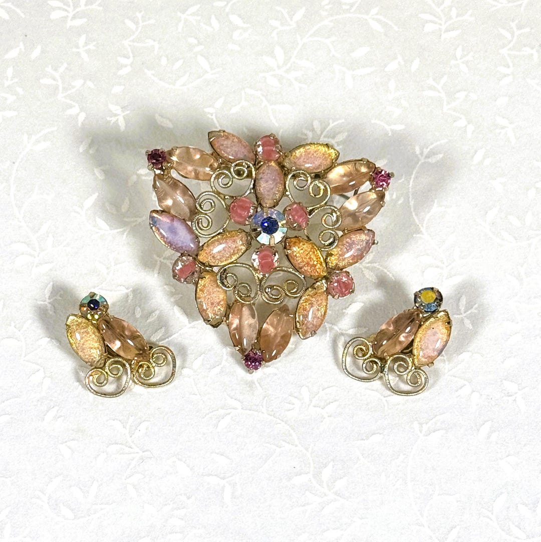 Vintage Pink Confetti Navette Aurora Borealis Crystal Brooch and ...