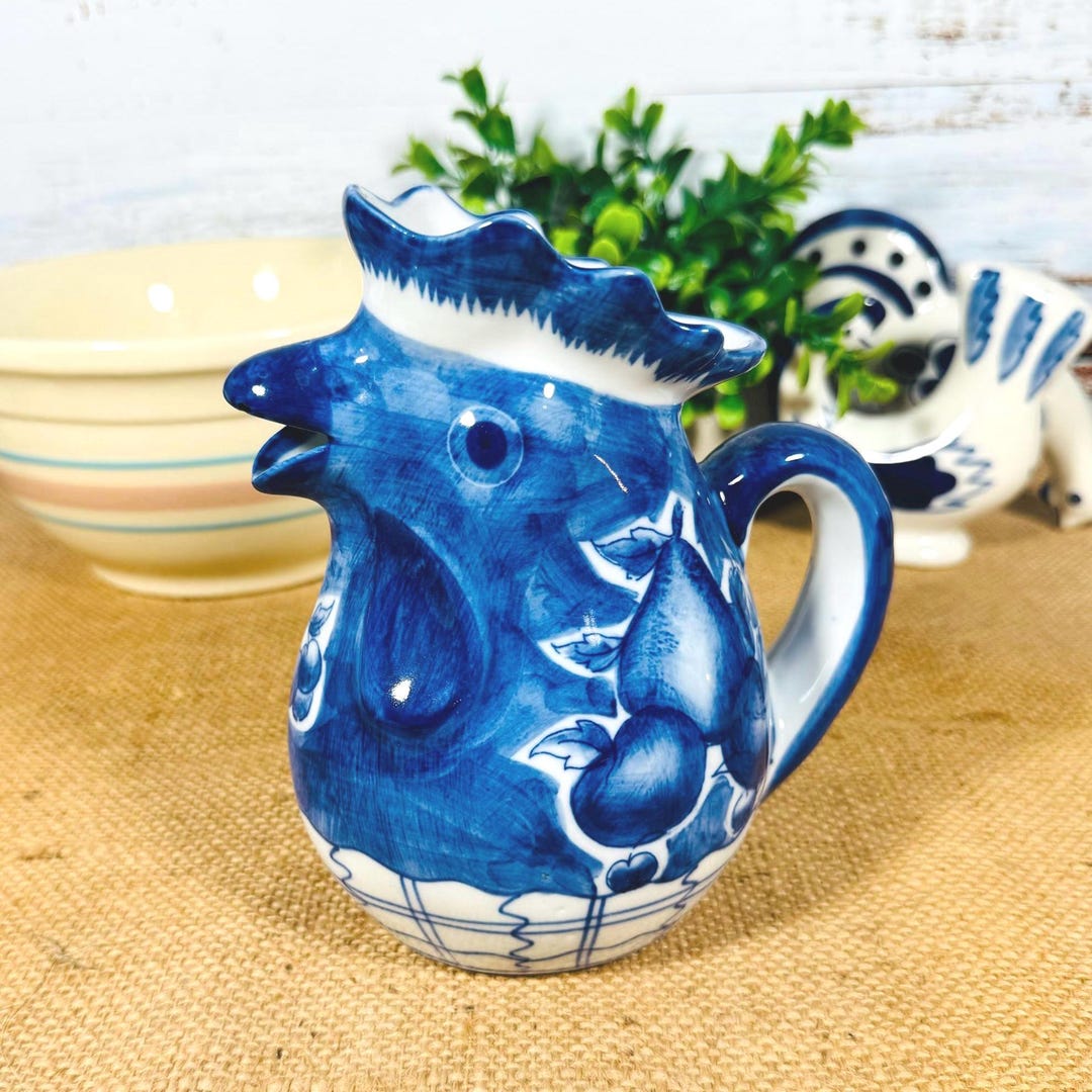 Vintage Ceramic Blue and White Chicken Rooster Water Milk Cream Pitcher ...