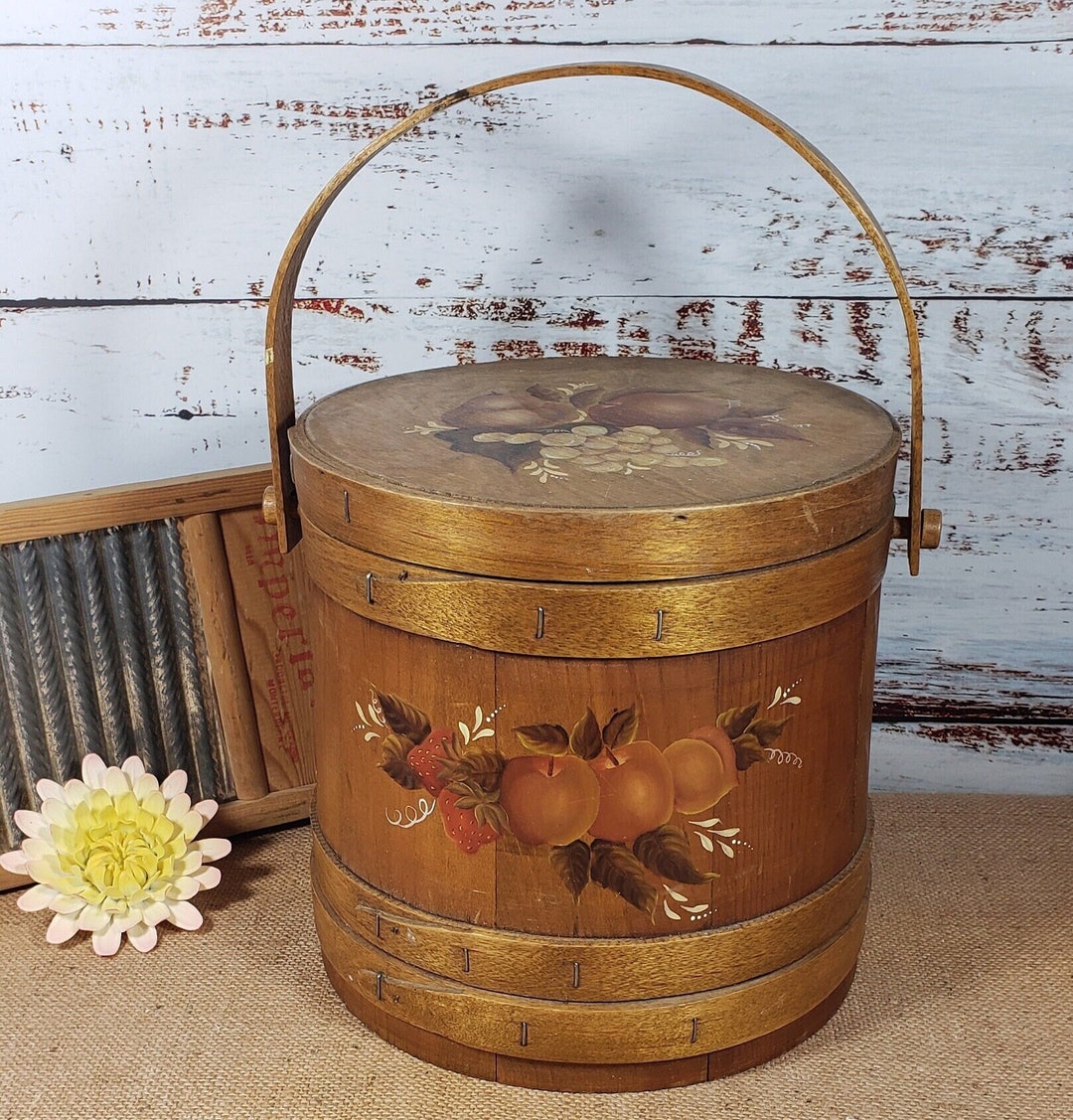 Vintage Primitive Hand Painted Fruit 10" Staved Wooden Firkin Pail ...