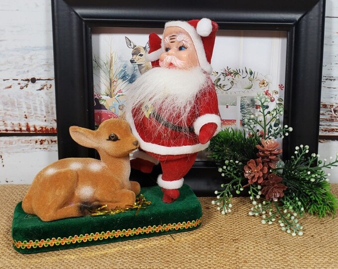Vintage Velvet Flocked Dancing Santa Claus With Reindeer on Stand ...
