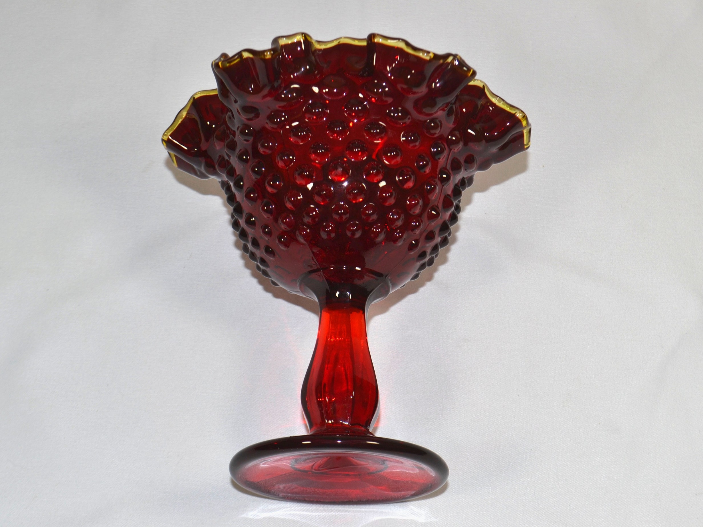 Fenton Ruby Red Double Crimped Amber Crest Hobnail Pedestal Candy Dish ...
