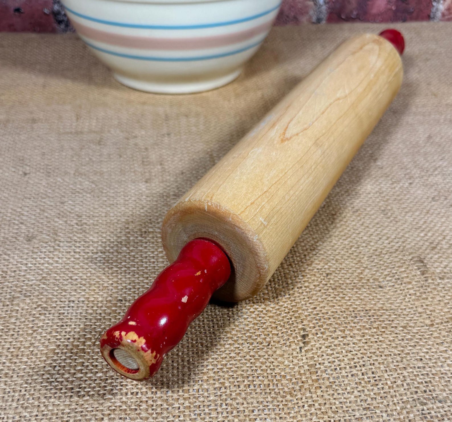 Vintage Wooden Rolling Pin Red Handles 16 Inches Long - Rustic ...
