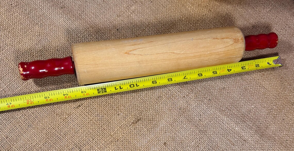 Vintage Wooden Rolling Pin Red Handles 16 Inches Long - Rustic ...