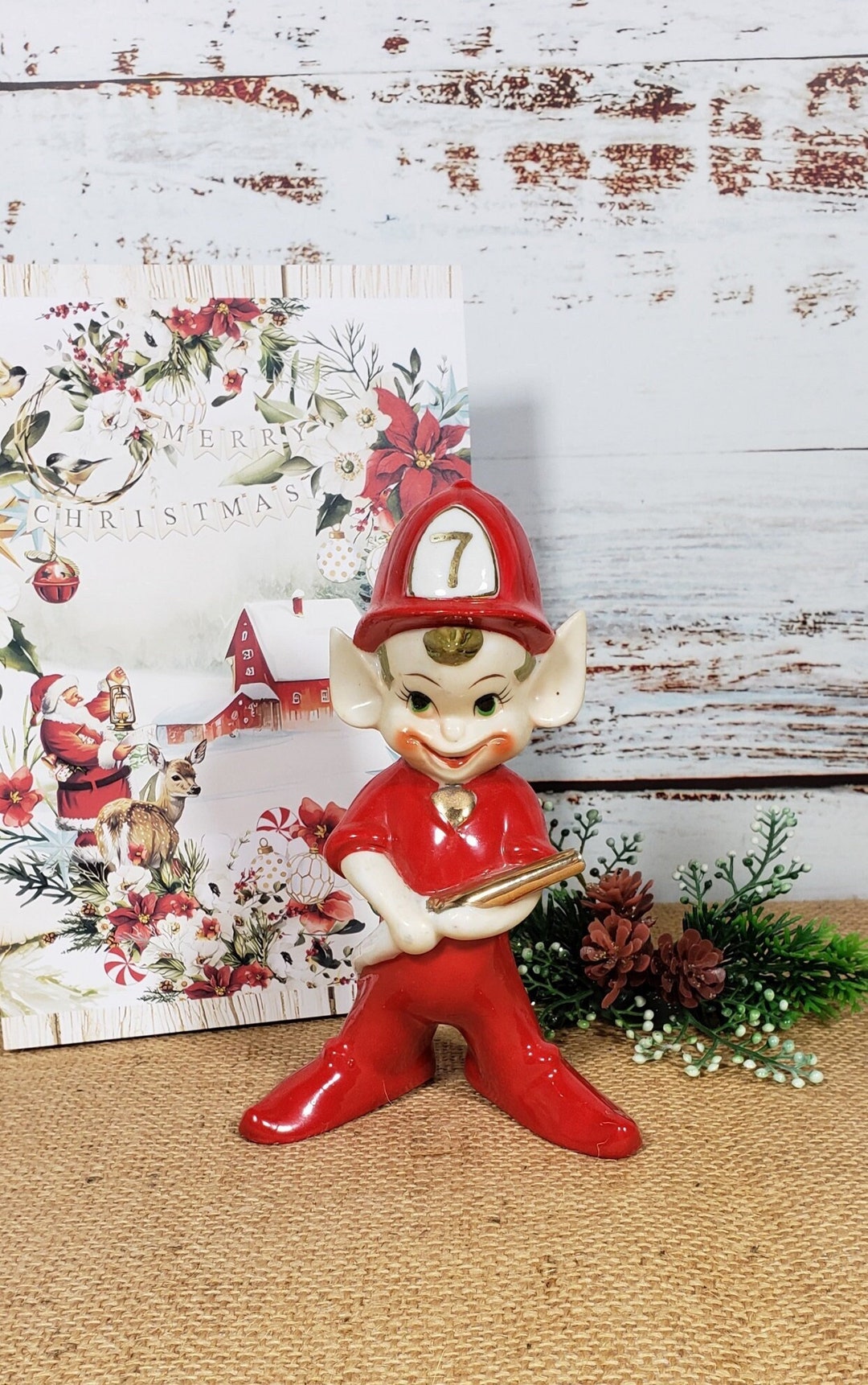 Vintage 1950s Christmas Fireman Elf Figurine: Wales Porcelain, Made in ...