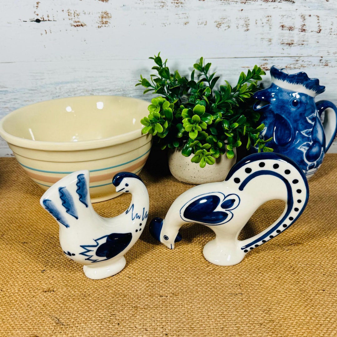 Vintage Gzhel Porcelain Cobalt & White Rooster and Hen Pair Figurines ...
