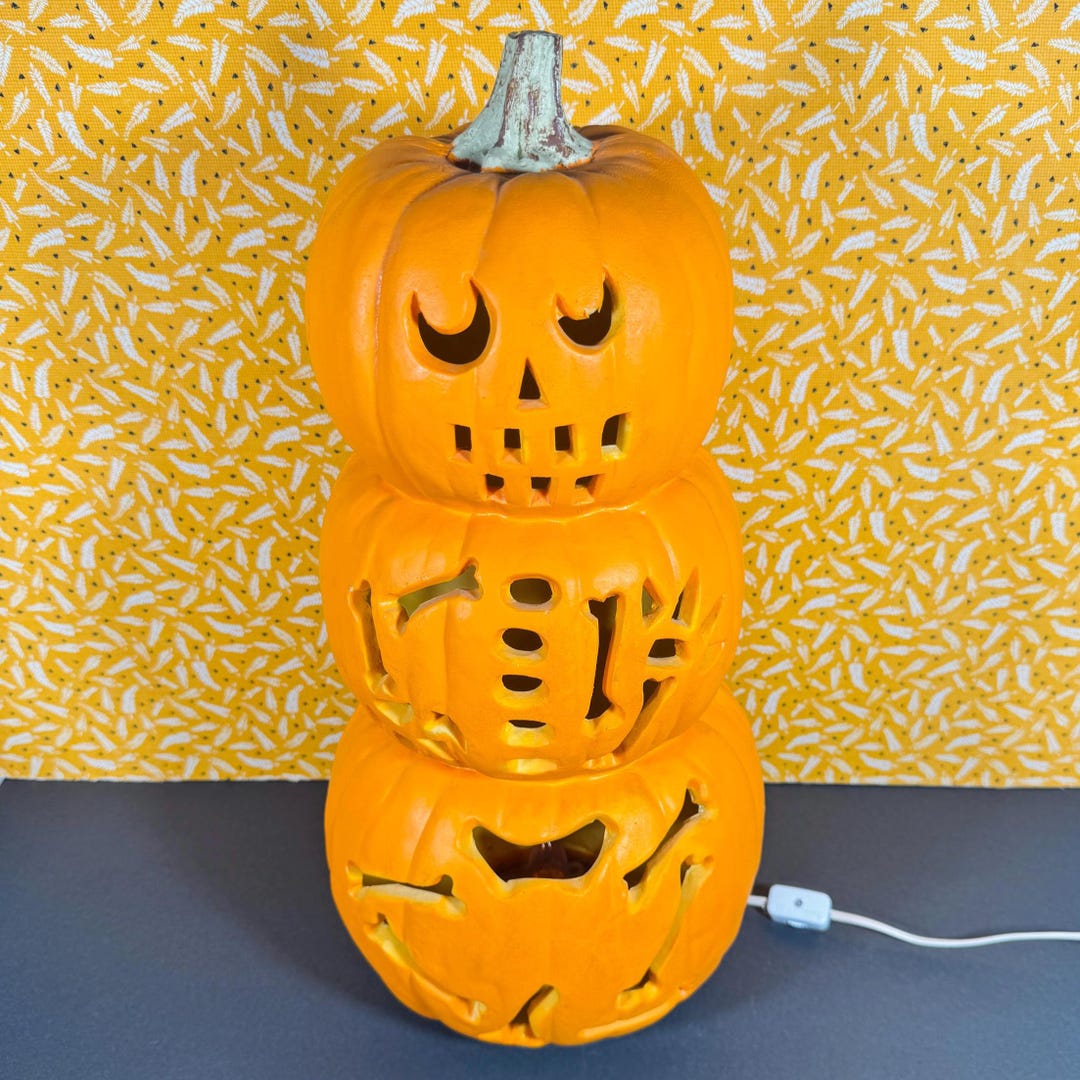 Vintage Gemmy Halloween Blow Mold Totem: Triple Stack Pumpkin Skeleton ...
