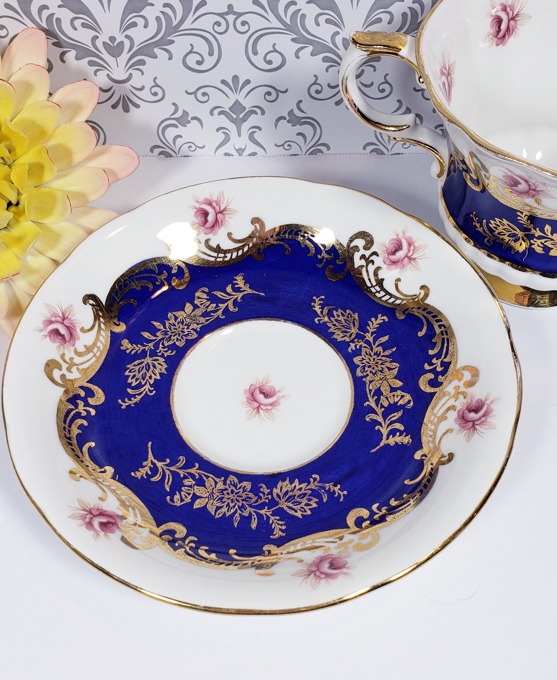 Vintage Paragon Teacup and Saucer Pembroke Pink Roses Cobalt Blue ...