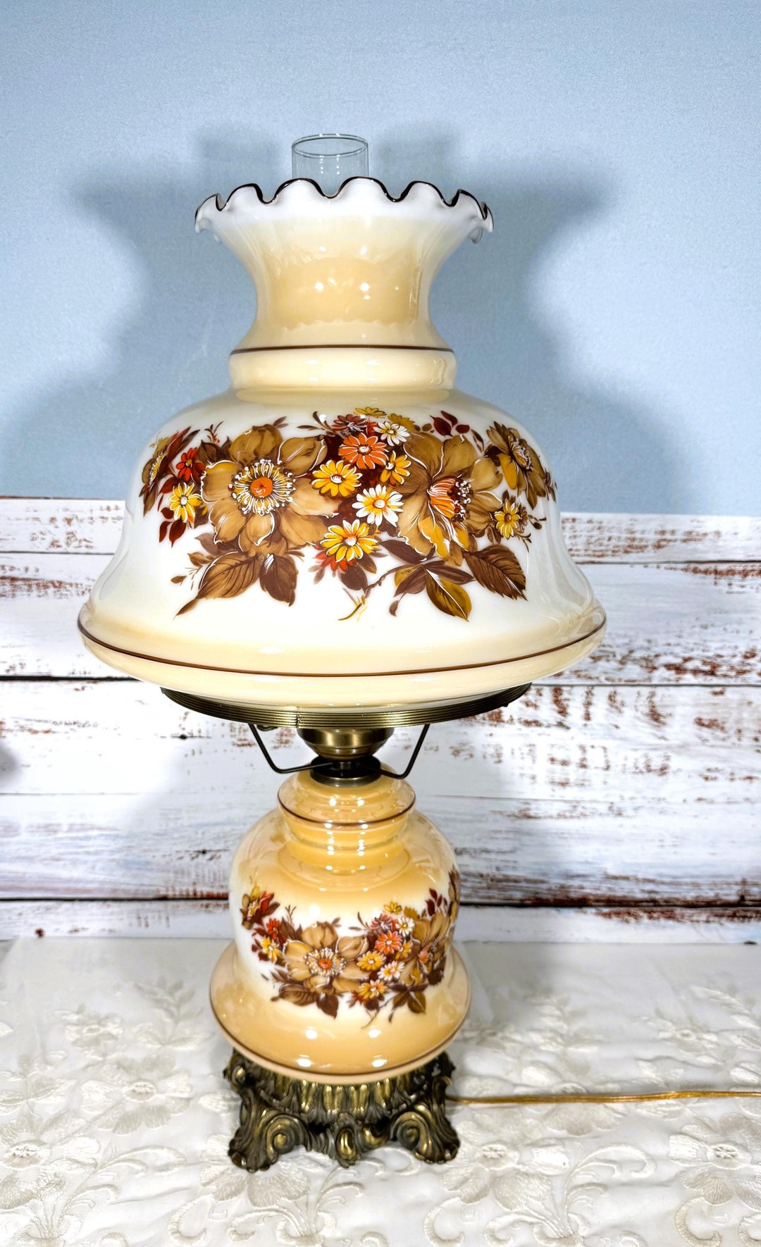 Vintage Orange Luster Hurricane Lamp – 3‑way Light, Floral Glass Shade ...