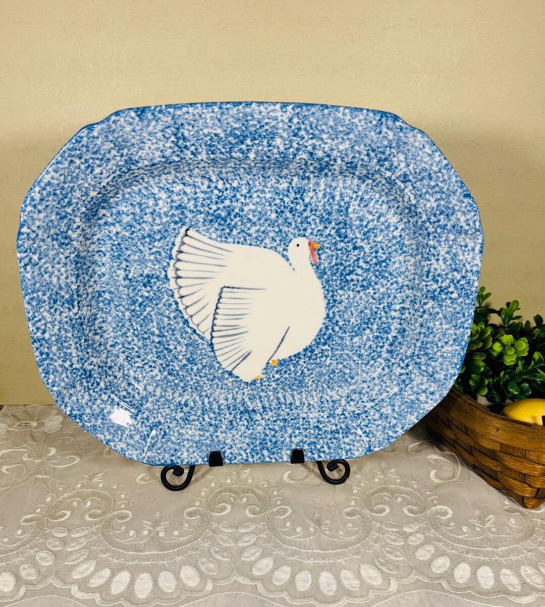 Vintage Designcraft Potteries Blue Stipple Spongeware Rectangular ...