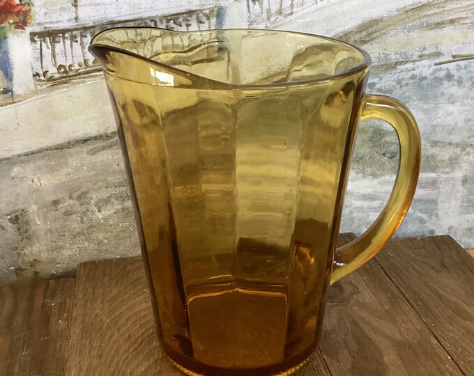 Vintage Amber Gold Glass Pitcher Textured Glass Panel Design Water ...