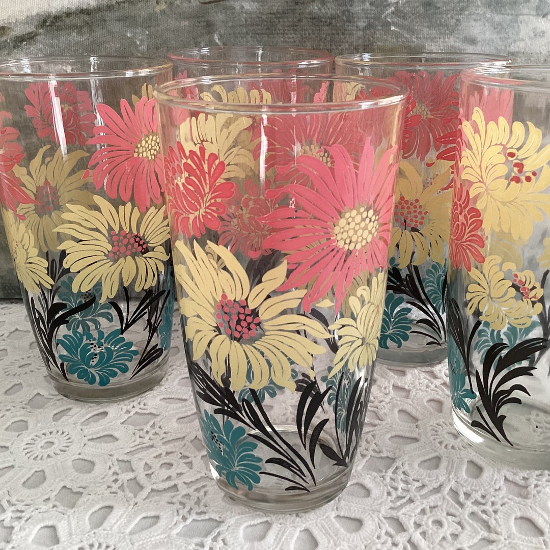Vintage Hazel Atlas Glassware MCM Tumblers Chrysanthemum Flowers Retro ...