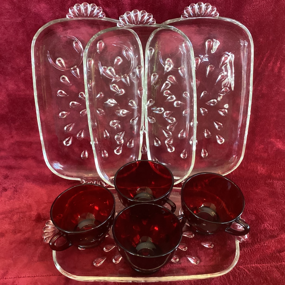 Vintage 8 Piece Snack Set Ruby Red Tea Cups Clear Glass Pebbletone ...