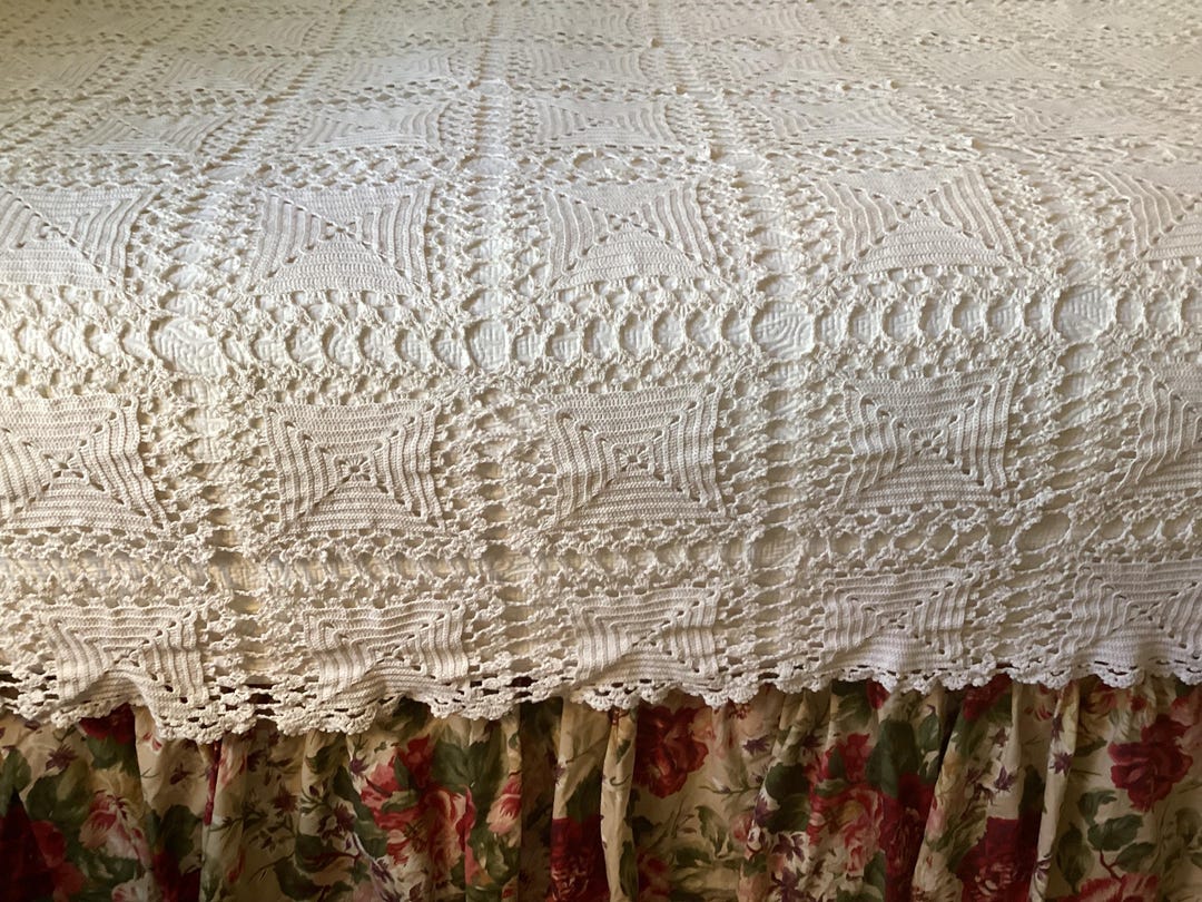 Vintage Crochet Bed Cover Bedspread Twin Size 56” X 85” Natural Ecru ...