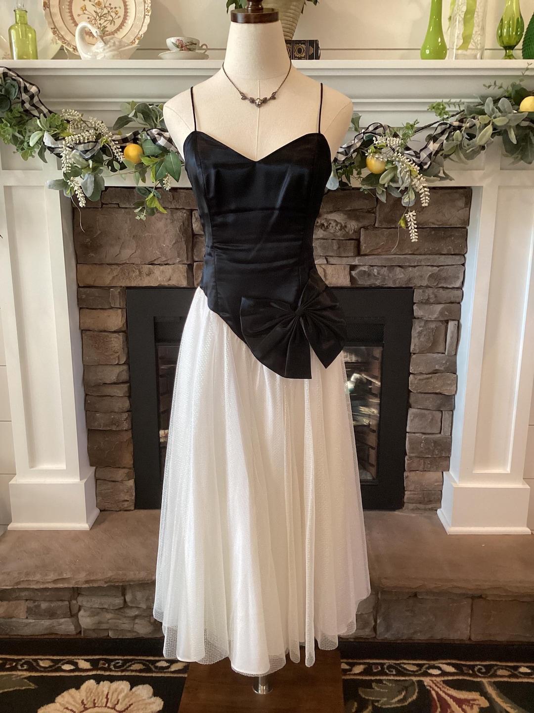 Vintage 80s / 90s Prom Dress Black and White Tea Length Formal Dress ...