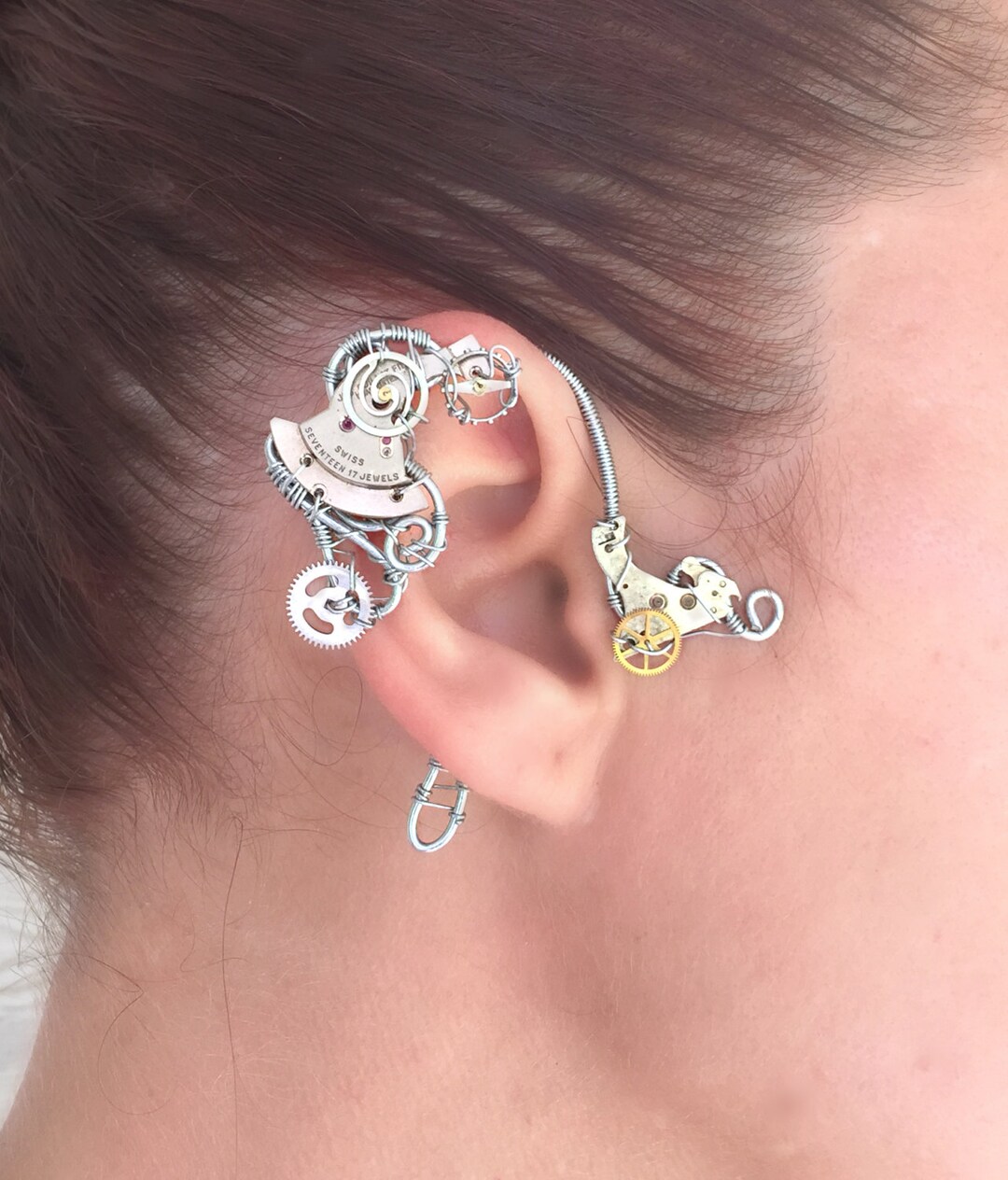 Silver and Brass Steampunk Wire Ear Wrap Right Ear - Etsy