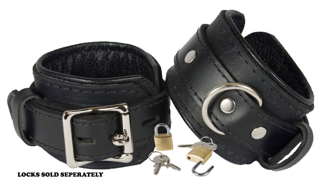 Locking Wrist Cuffs Premium Heavy Duty Black Leather Handcuffs ...
