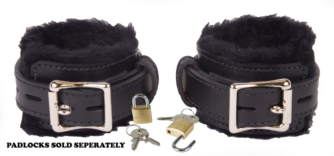 Locking Ankle Cuffs Black Leather With Black Faux Fur Lining Restraints ...