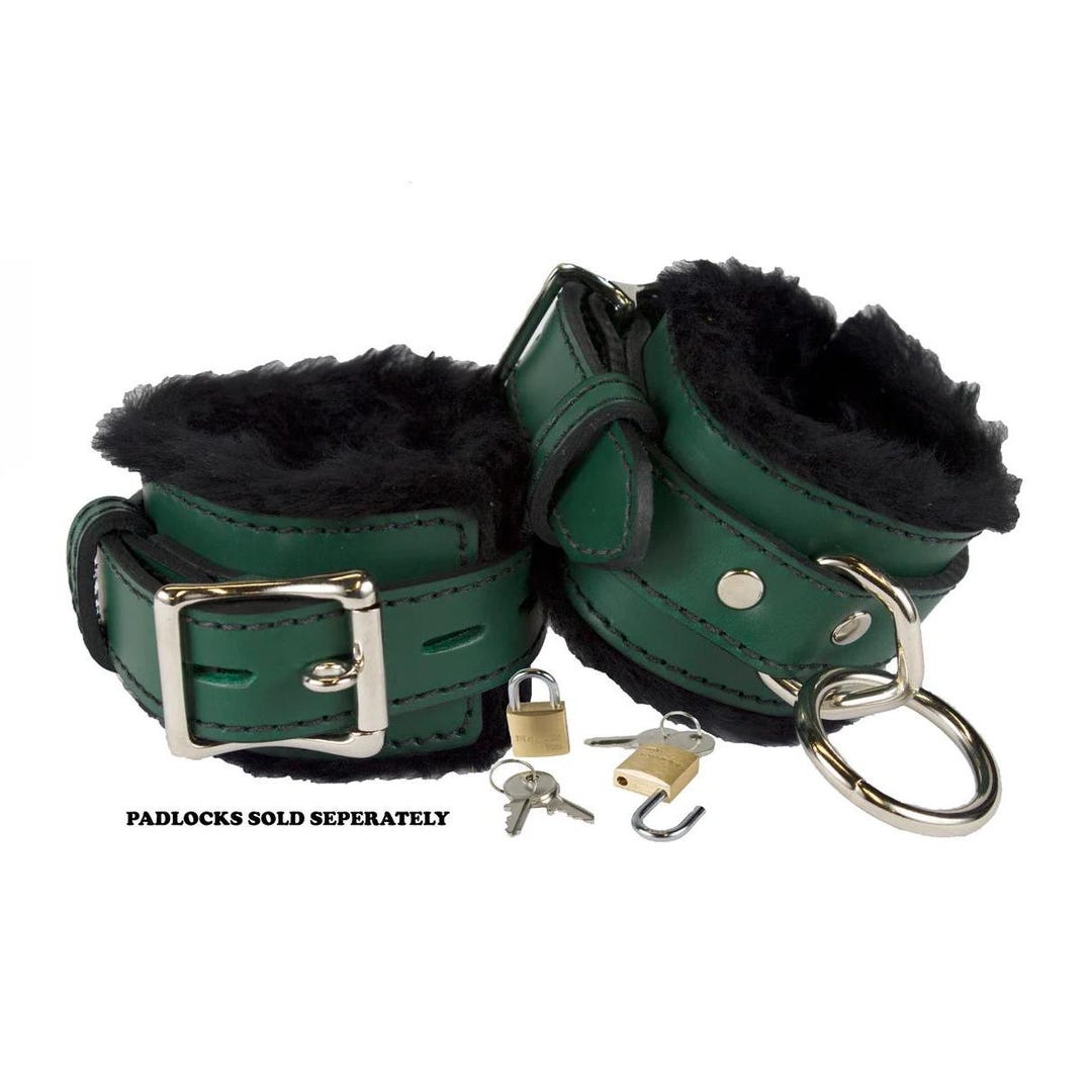 Locking Wrist Cuffs Dark Green Leather With Black Faux Fur Lining ...