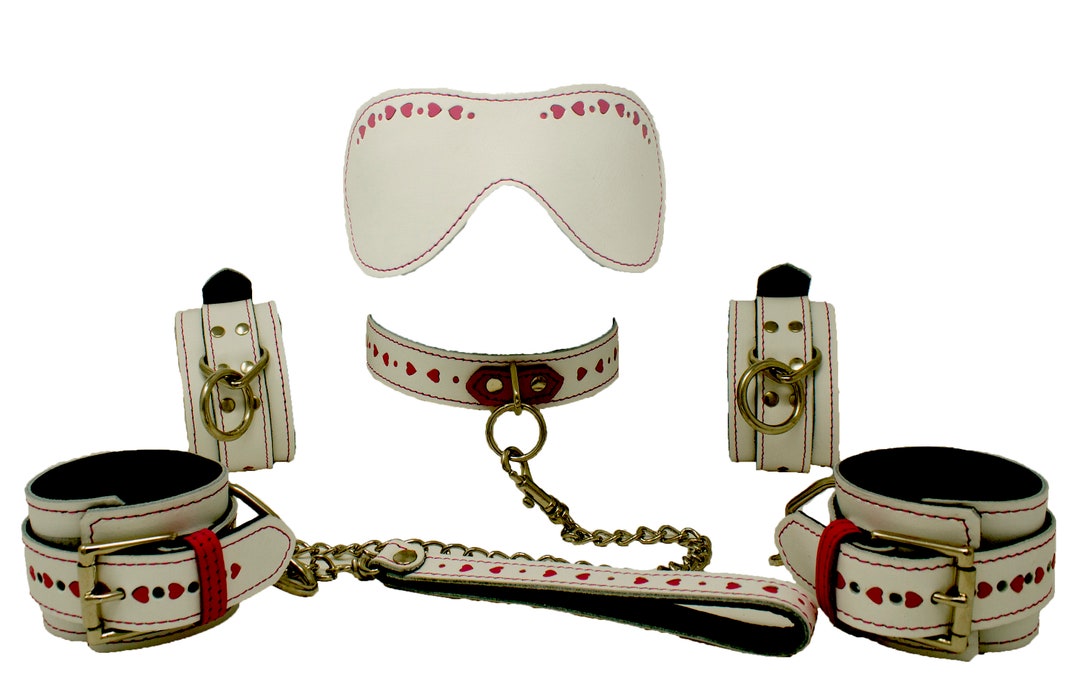 Bondage Kit White Leather With Pink Hearts, Valentine's Blindfold ...