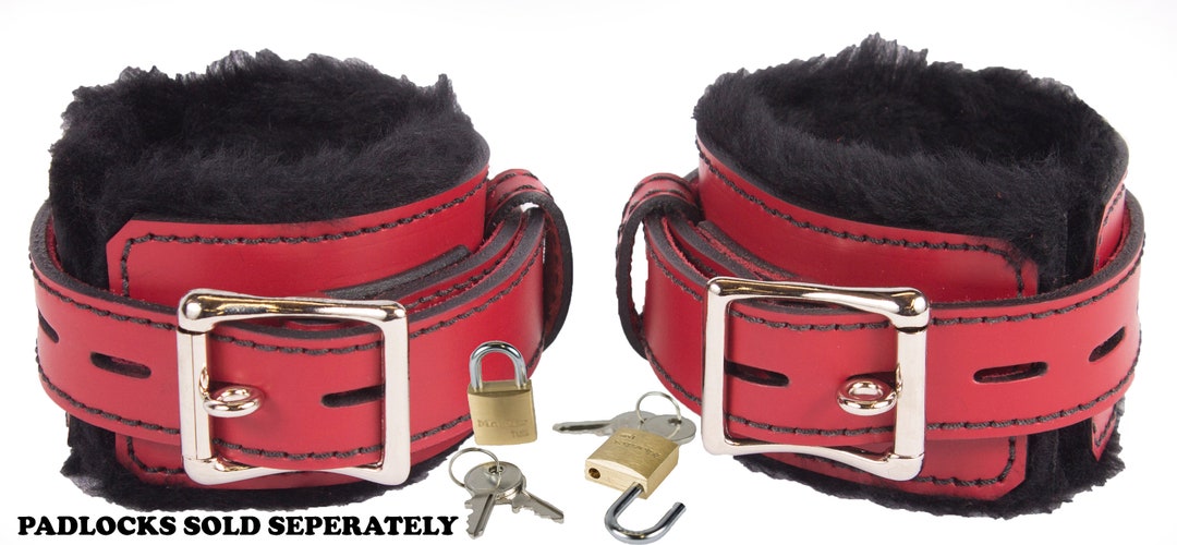 Wrist Cuffs Red With Black Faux Fur Lining Leather BDSM Wrist Cuffs ...
