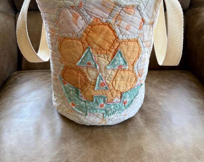 ANTIQUE Quilt Pumpkin Basket/ Bucket/ Antique Grandmother's Flower ...