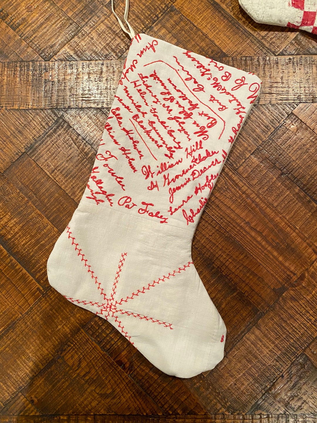 SUPER COOL ANTIQUE Hand Embroidered Red Work Christmas Stocking/ All My ...