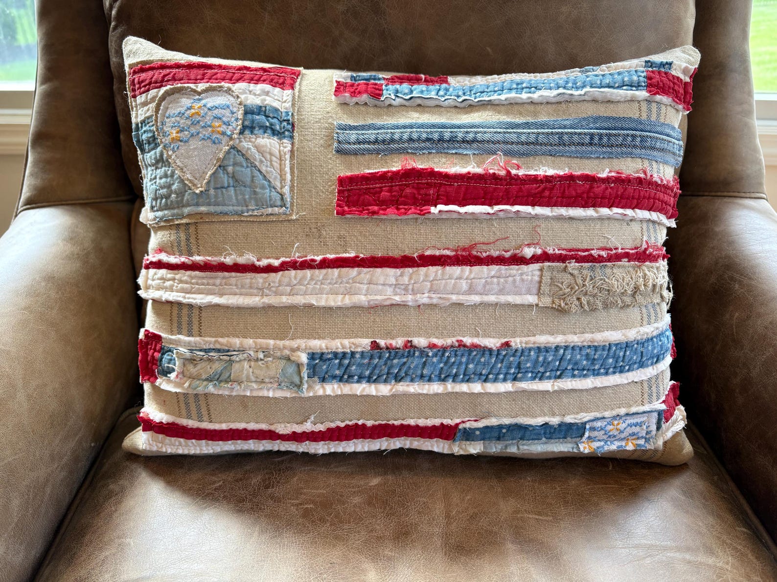 REVERSIBLE ANTIQUE Quilt Cross Stitch Grainsack Flag Pillow/ Cool Super ...