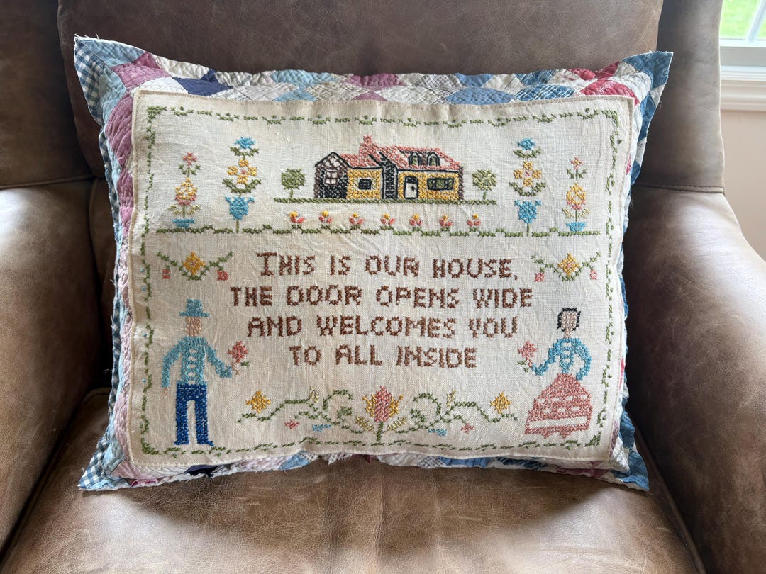 ANTIQUE AMISH CROSS Stitch Sampler on Antique Quilt Pillow/ Antique ...