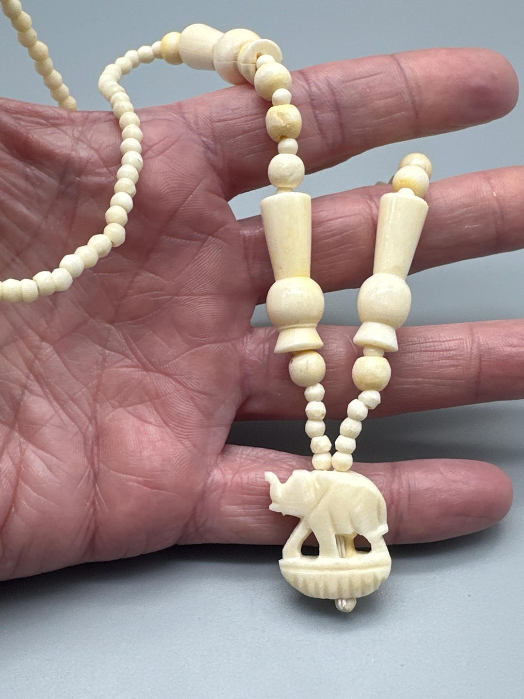 Vintage Carved Bovine Bone Elephant Pendant Beaded Necklace 20", E15 - Etsy