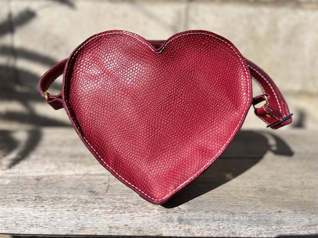 Handmade Red Leather Heart Purse With White Stitching, Gold Zipper, and ...