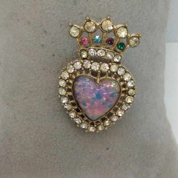 Glass Opal Crown Pin with Multi Colored and White Rhi… - Gem