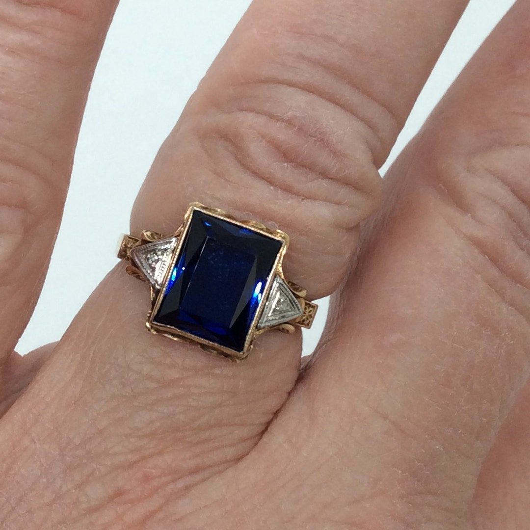10k Fabulous Blue Birthstone Ring, 1940 With Tiny Diamonds on Each ...