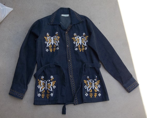 Vintage Denim Jacket 1970s Embroidered Button Belt Ti… - Gem