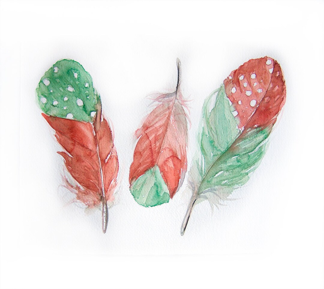 Feder Aquarell Zeichnung Original, Feder Wandbild | Minty & rote ...